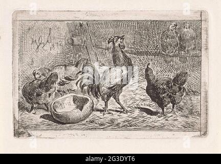 Chickens and a rooster scratch around in the dirt Stock Photo - Alamy