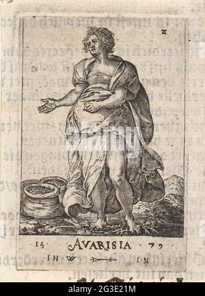 Violence; Avaritia; Seven deadly sins. An old woman is holding a well ...