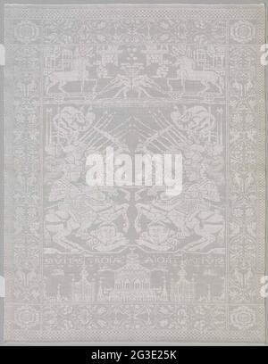 Napkin with destruction of troy. White linen damask napkin with the ...