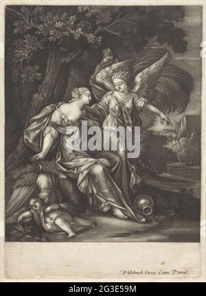 Hagar and Ismaël in the wilderness. An angel points his way to a source ...