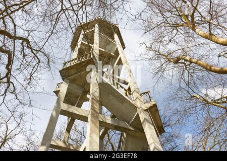 A public observation tower made of wood and steel in winter covered in ...