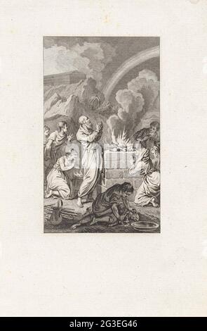 Sacrifice of Noah. Noah and his family praying at the altar, where they ...