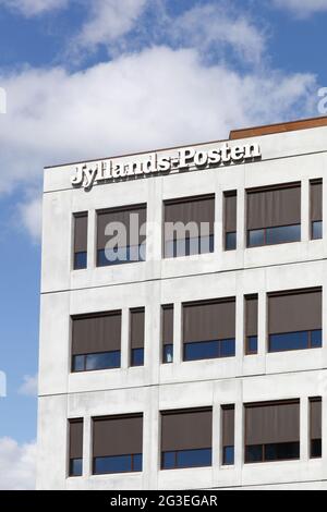 Sign and logo of the newspaper Jyllands-Posten, part of JP/Politikens ...