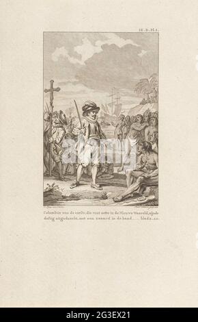 'Columbus lands in America' is a historical illustration depicting ...