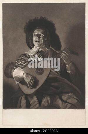 Serenade, A boy playing on a lute. On the head a beret with plumes ...