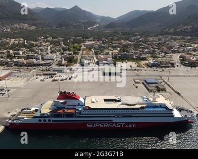 The Ro Ro cargo & passenger ferry Superfast 1, unloading trucks on the ...