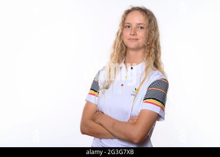 Belgian skateboarder Lore Bruggeman poses for the photographer at a ...