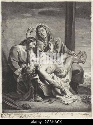 Paid of Christ. Maria, supported by John, and Maria Magdalena kneel at the body of Christ Stock ...