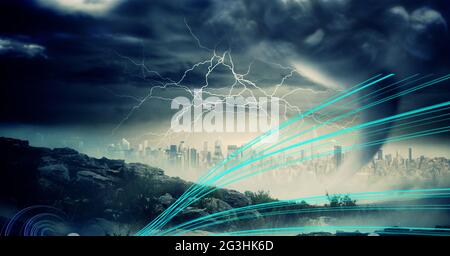 Green light trails against thunderstorm and dark clouds against view of ...