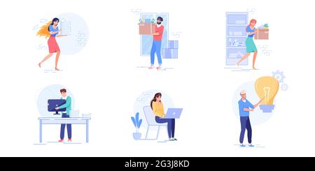 Flat cartoon office employee characters set,workflow scenes vector ...
