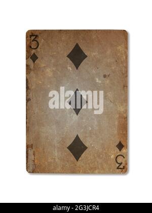 Three of Diamond Vintage playing card - isolated on white (clipping ...