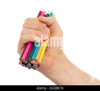 Used pencils in hand isolated on white background Stock Photo - Alamy