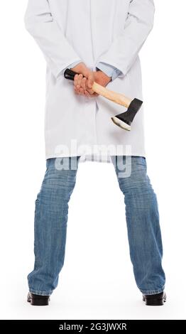 Evil medic holding a small axe and stethoscope Stock Photo - Alamy