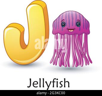 Cartoon underwater font jellyfish letter J. Sea life animal English ...