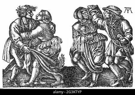 dance, dancers, dancing peasant couples, coloured woodcut, Augsburg ...