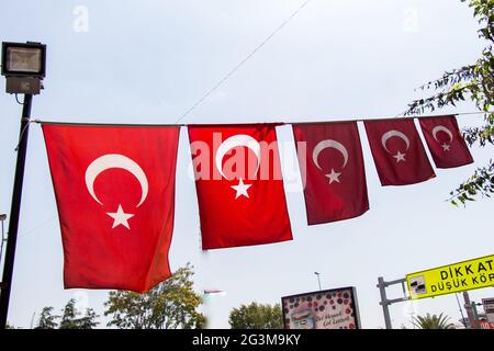 Turkish national flag hang on a pole in open air Stock Photo - Alamy