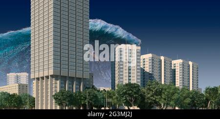 3D illustration tsunami wave apocalyptic water view urban flood Storm ...