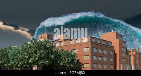 3D illustration tsunami wave apocalyptic water view urban flood Storm ...