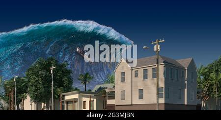 3D illustration tsunami wave apocalyptic water view urban flood Storm ...