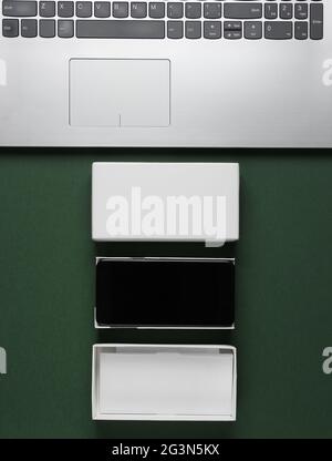 The concept of unboxing, techno blogging. Box with a new smartphone ...