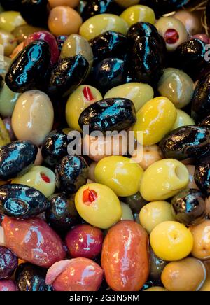Turkish style prepared olives in the market stands Stock Photo - Alamy