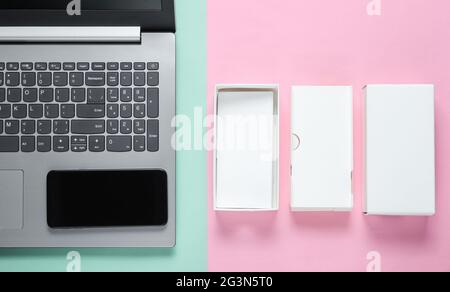 The concept of unboxing, techno blogging. Box with a new smartphone ...