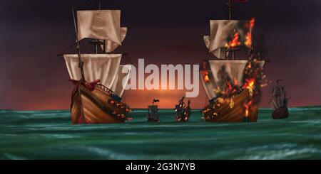 two ships fighting at sea at night Stock Photo - Alamy