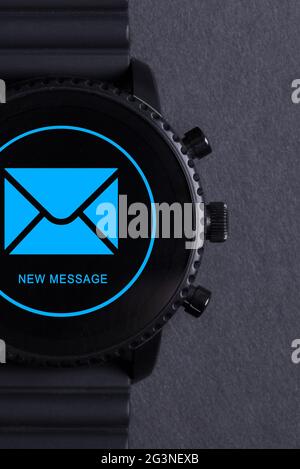 Black smartwatch isolated, new message Stock Photo - Alamy