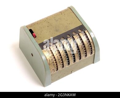 Vintage manual adding machine isolated on white, selective focus - 400 ...