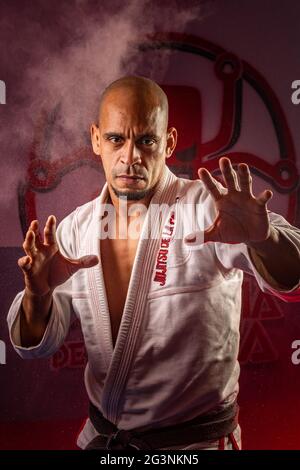Vertical shot of a bald martial arts master posing in a dojo Stock ...