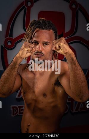 Vertical shot of a martial arts master with dreads posing punching the ...