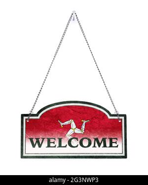 Isle of Man welcomes you! Old metal sign isolated on white Stock Photo ...