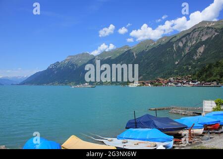 Boats on Lake of Brienz (Brienzersee) and the Town of Brienz Stock ...