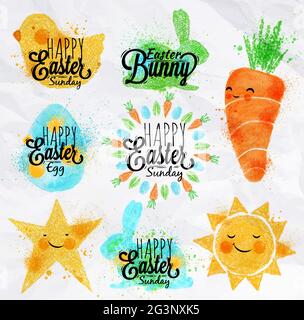 Happy easter symbols painted pastel colored stylized kids style, sun ...