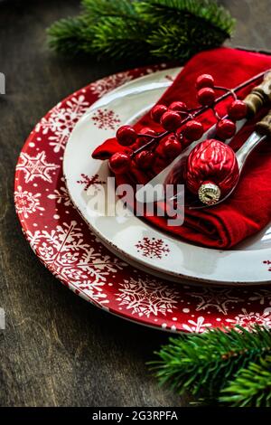 Rustic table setting for festive Christmas dinner with vintage decor on ...
