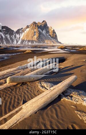 aerial view of Famous Vestrahorn mountains in Iceland. High quality ...