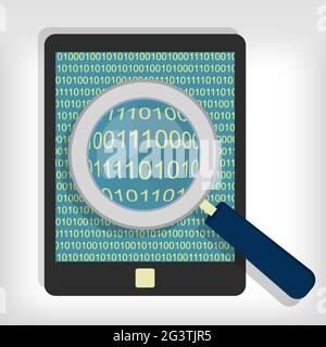 A magnifying glass searching and looking for sequences of bytes in ...