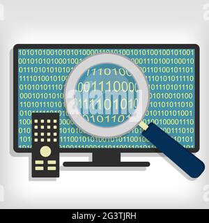 A magnifying glass searching and looking for sequences of bytes in ...
