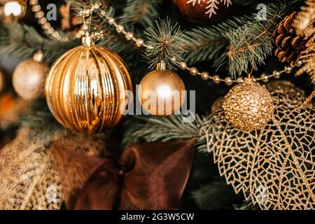 Golden Christmas tree look, decor in country style as holiday home ...