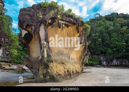 Sea stacks at the Teluk Assam beach in the Bako National Park on Borneo ...