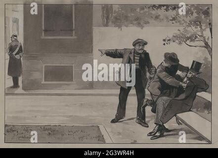 Two pickpockets rob a sleeping "firmant", Johan Braakensiek drawing ...