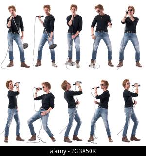 Side view of passionate rocker singing on microphone bending backwards ...