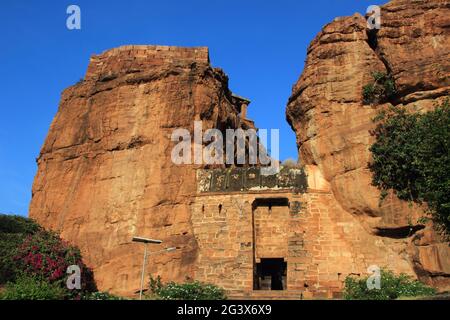 Stone entrance doorway to northern fort hill in Badami, Karnataka ...