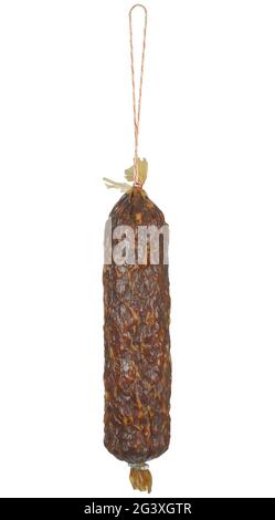 Hanging isolated salami Stock Photo - Alamy