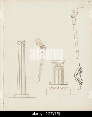 Ionian column, torches and a Greek altar. Leaf 80 Recto from a ...