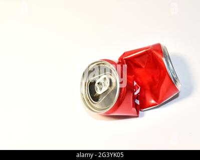 Empty crumpled can from a sweet carbonated drink. Aluminum can trash ...