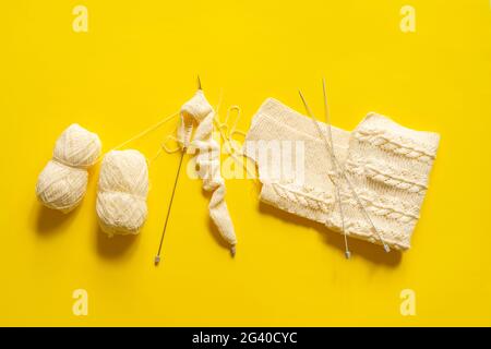 flat lay knitting supplies equipment, handmade wool clothes Stock Photo ...