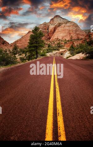 Asphalt road through the sandstone formations in the Valley of Fire ...