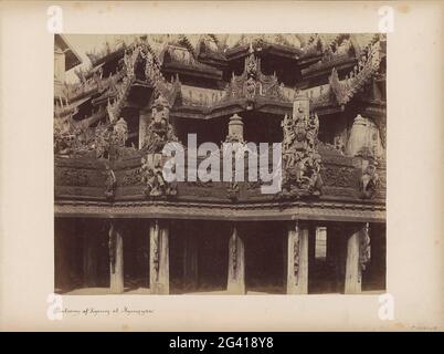 Balcony of a monastery with carved decorations in Myingyan, Myanmar ...