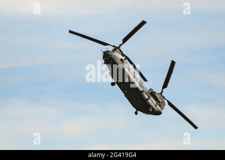 Chinook HC2 helicopter displaying at Airbourne Stock Photo - Alamy